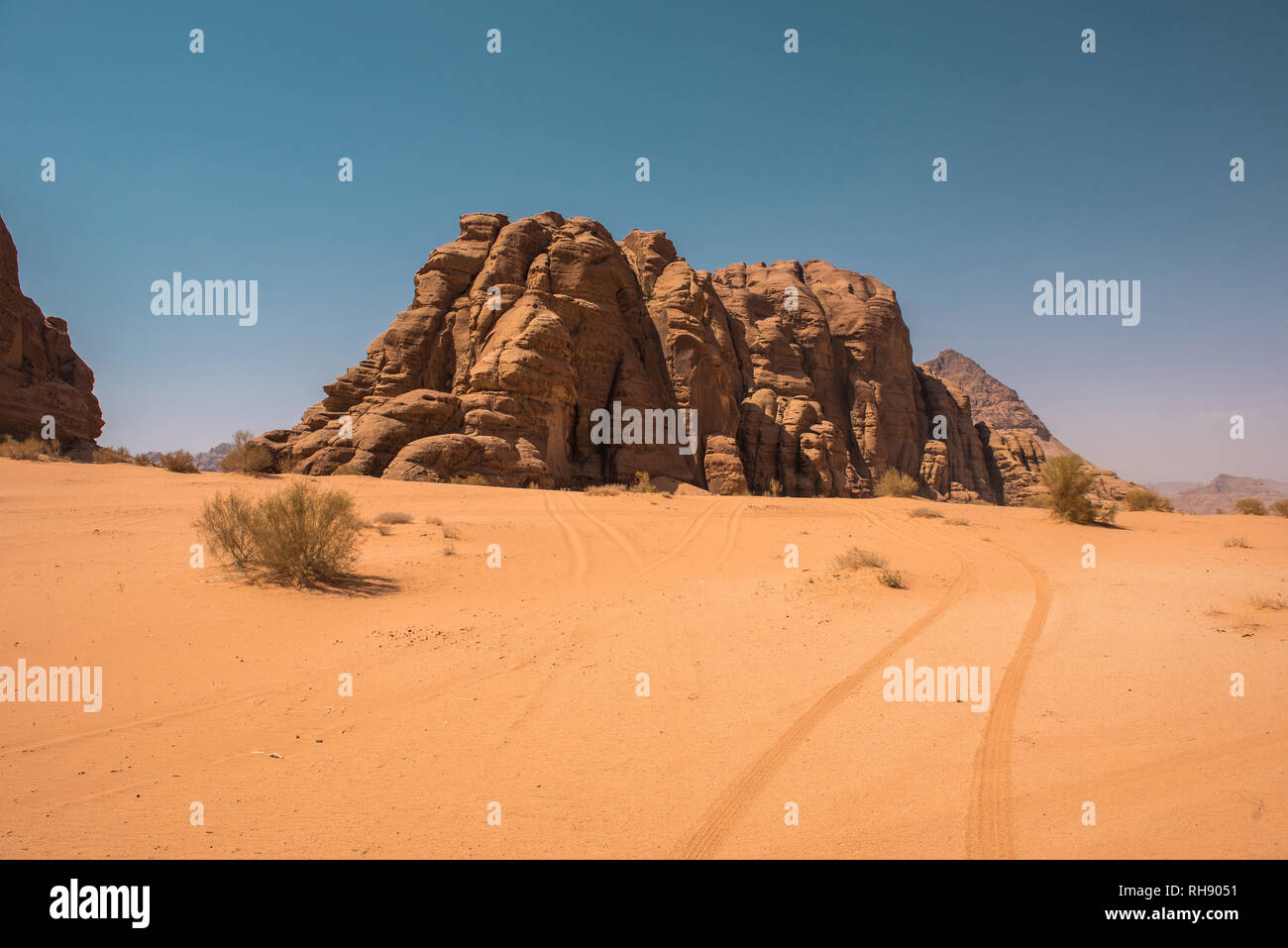 Sandstone and granite rocks in the desert. Wadi Rum, Jordan Stock Photo ...