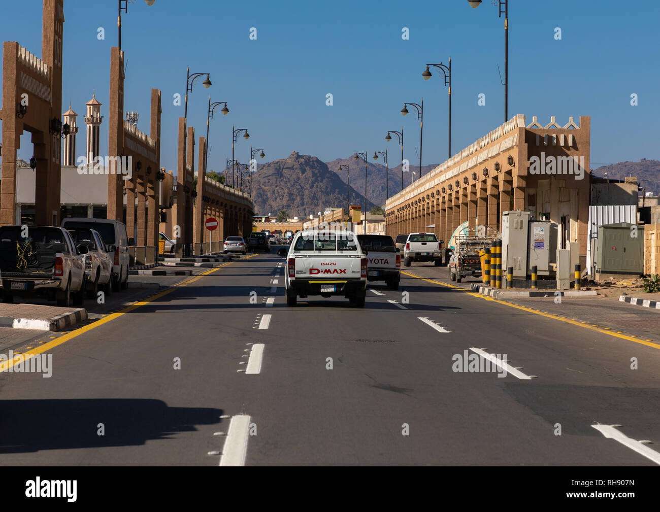 Rear view of a car on a road, Najran Province, Najran, Saudi Arabia ...
