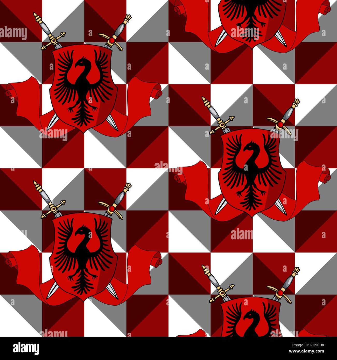 Elegant heraldic shield with swords, ribbon on red and white ornament ...