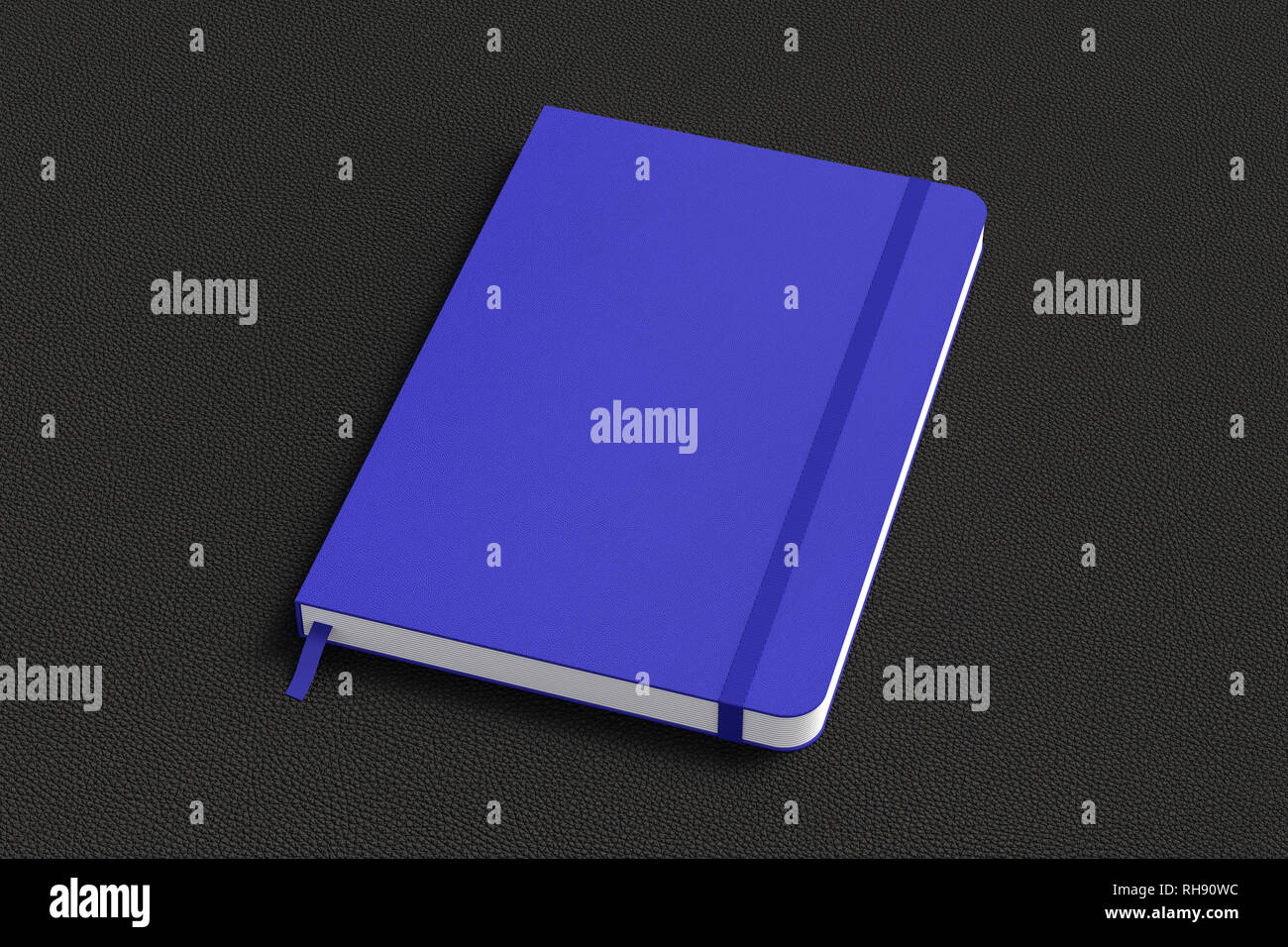 Blue vertical notebook with elastic band on black background Stock ...