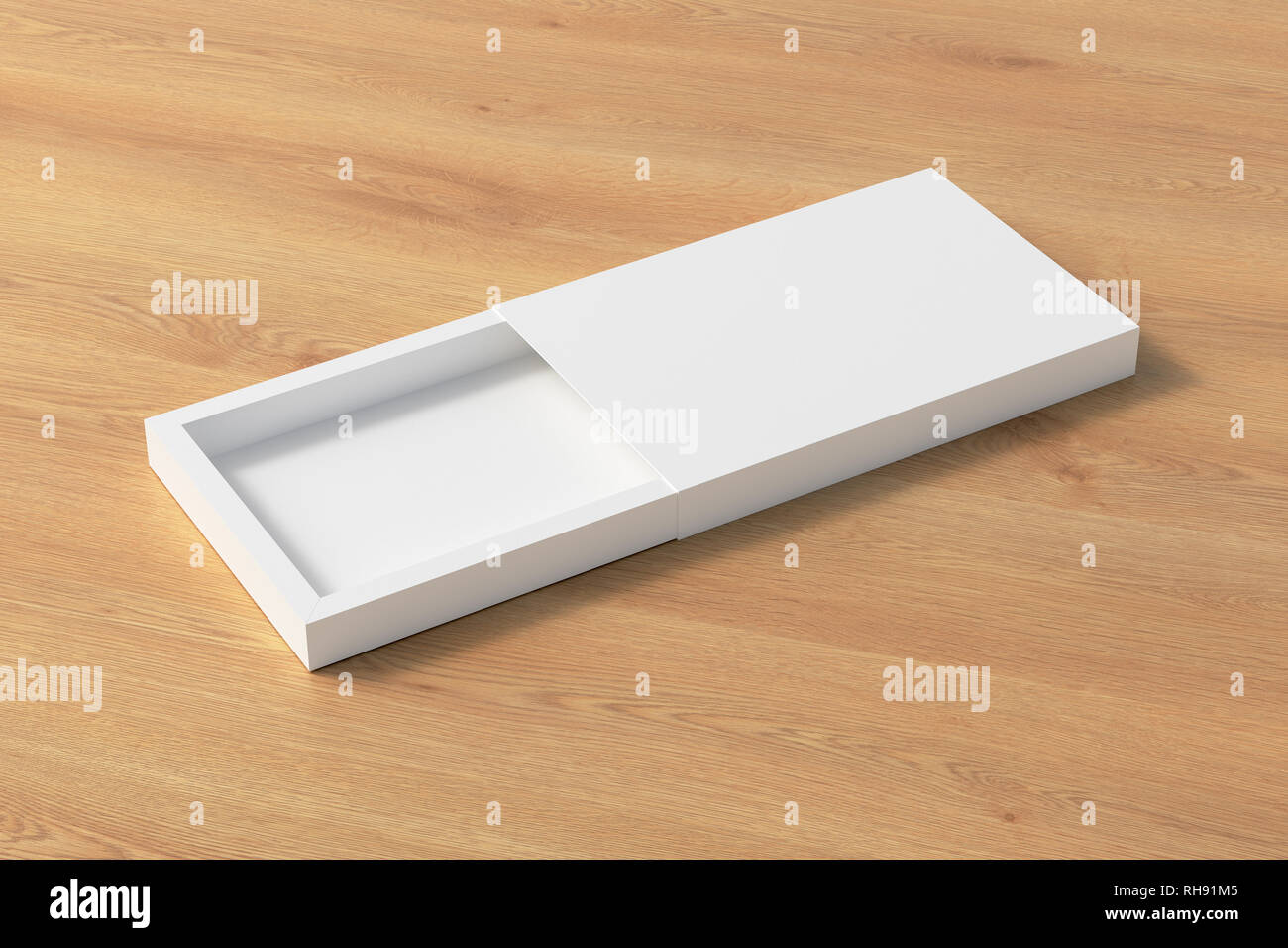 Blank opened white flat slide gift box on wooden background with ...