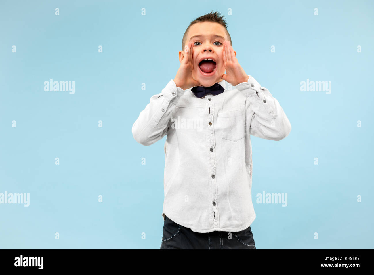Do not miss. Young casual boy shouting. Shout. Crying emotional teen ...