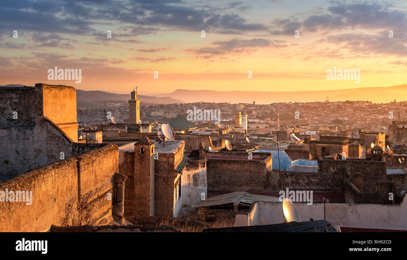 View of the old Medina in Fez ( Fes El Bali ) , Morocco at sunrise. The ...