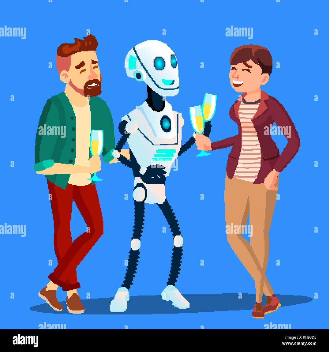 Robot Drinking Champagne And Laughing At Party With Man And Woman ...