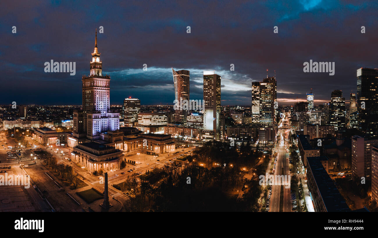 A panorama of Warsaw downtown at night Stock Photo - Alamy