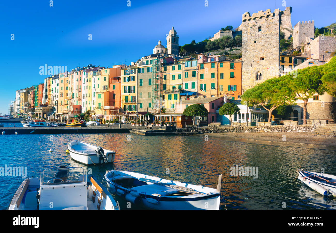 Landscape of picturesque Italian town of Portovenere with fortress ...