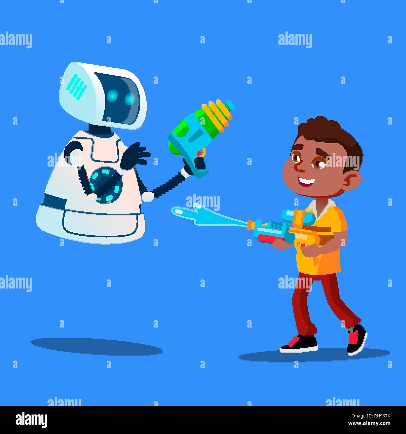 Robot And Little Boy Having Fun With Water Guns Vector. Isolated ...
