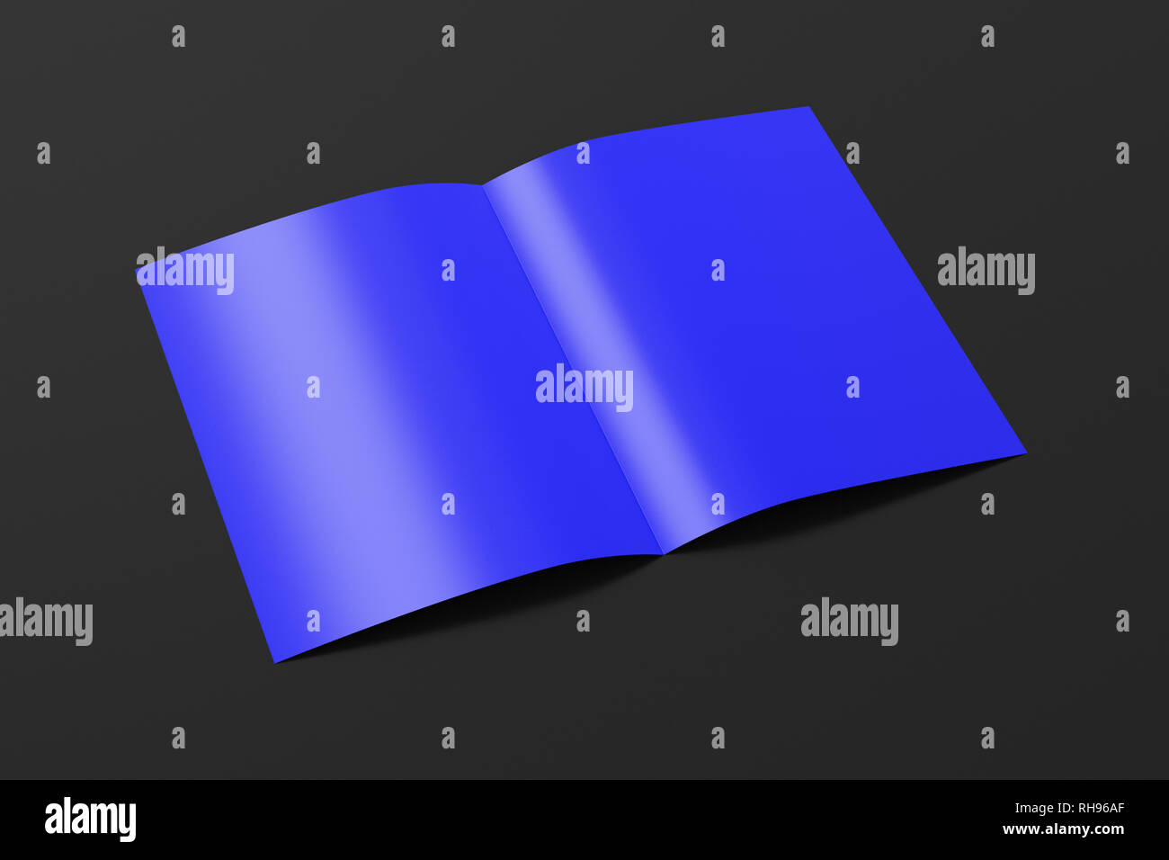Blank blue half-folded flyer leaflet on black background. With clipping ...