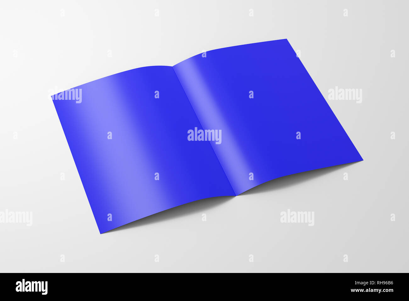 Blank blue half-folded flyer leaflet on white background. With clipping ...