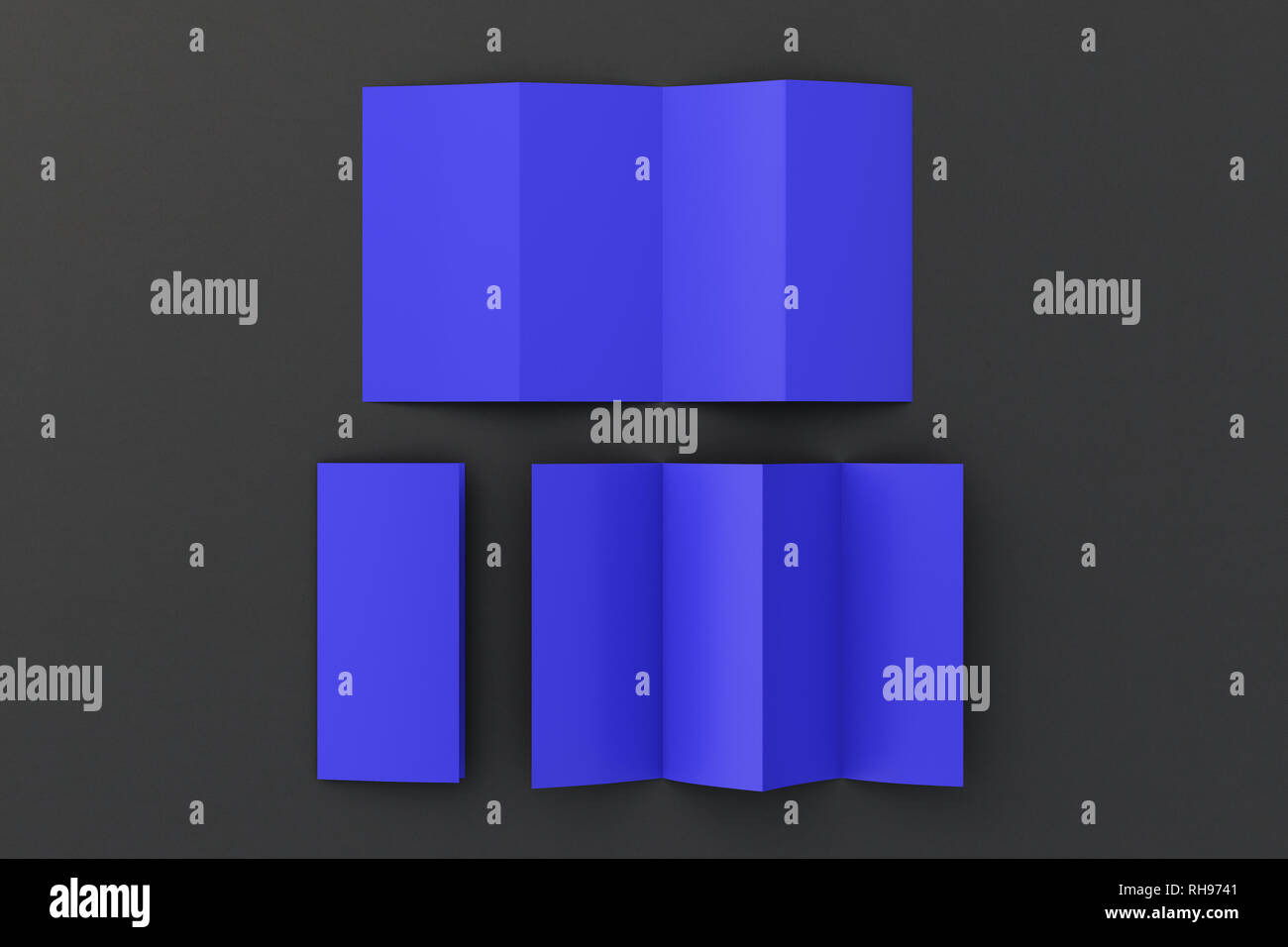 Blank blue folded paper leaflet on black background. Eight pages, four ...