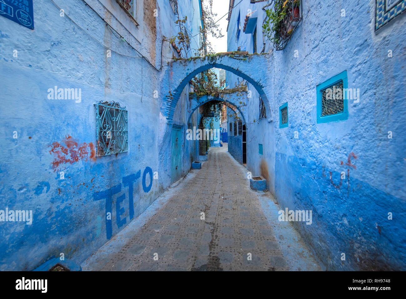 Beautiful view of the blue city in the medina. Traditional moroccan ...