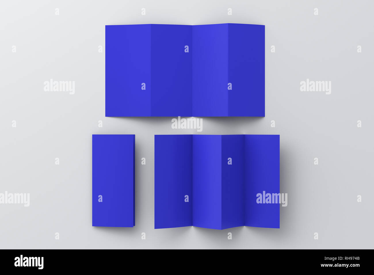 Blank blue folded paper leaflet on white background. Eight pages, four ...