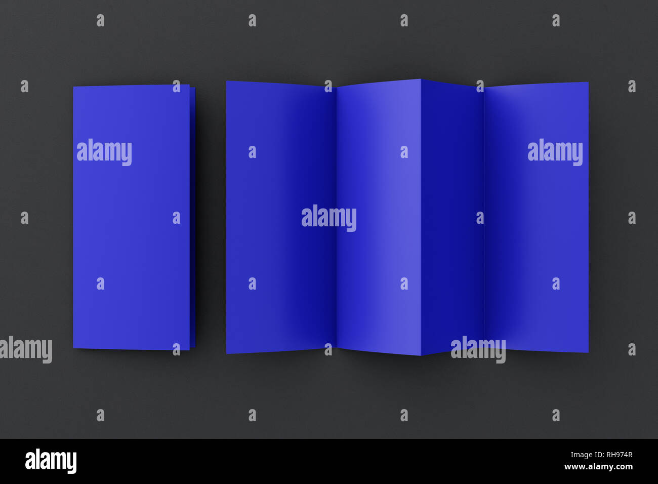 Blank blue folded paper leaflet on black background. Eight pages, four ...