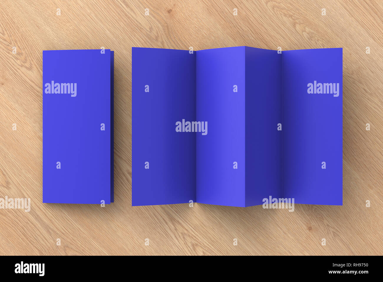 Blank blue folded paper leaflet on wooden background. Eight pages, four ...