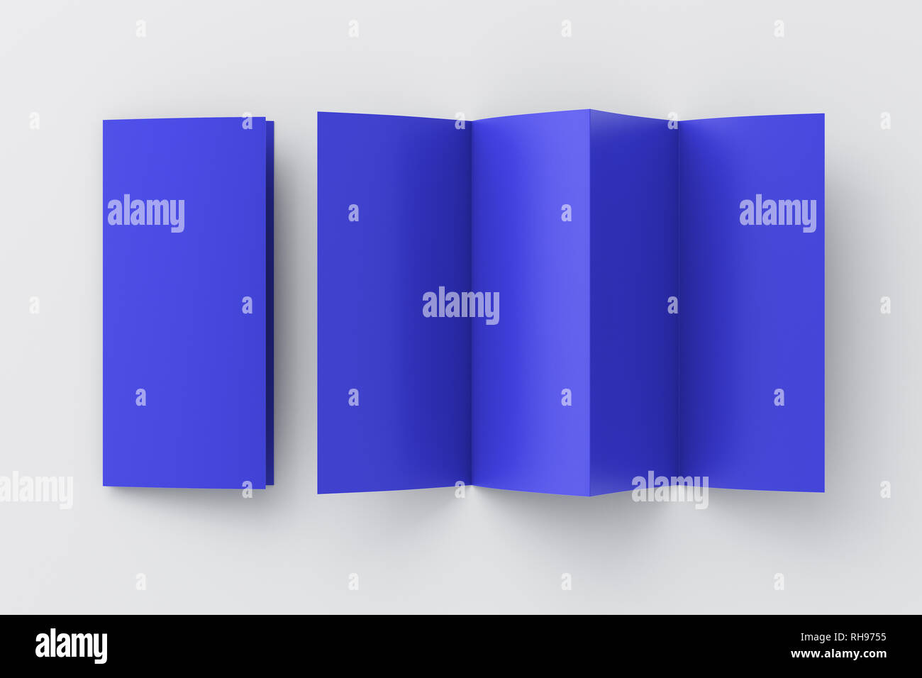 Blank blue folded paper leaflet on white background. Eight pages, four ...