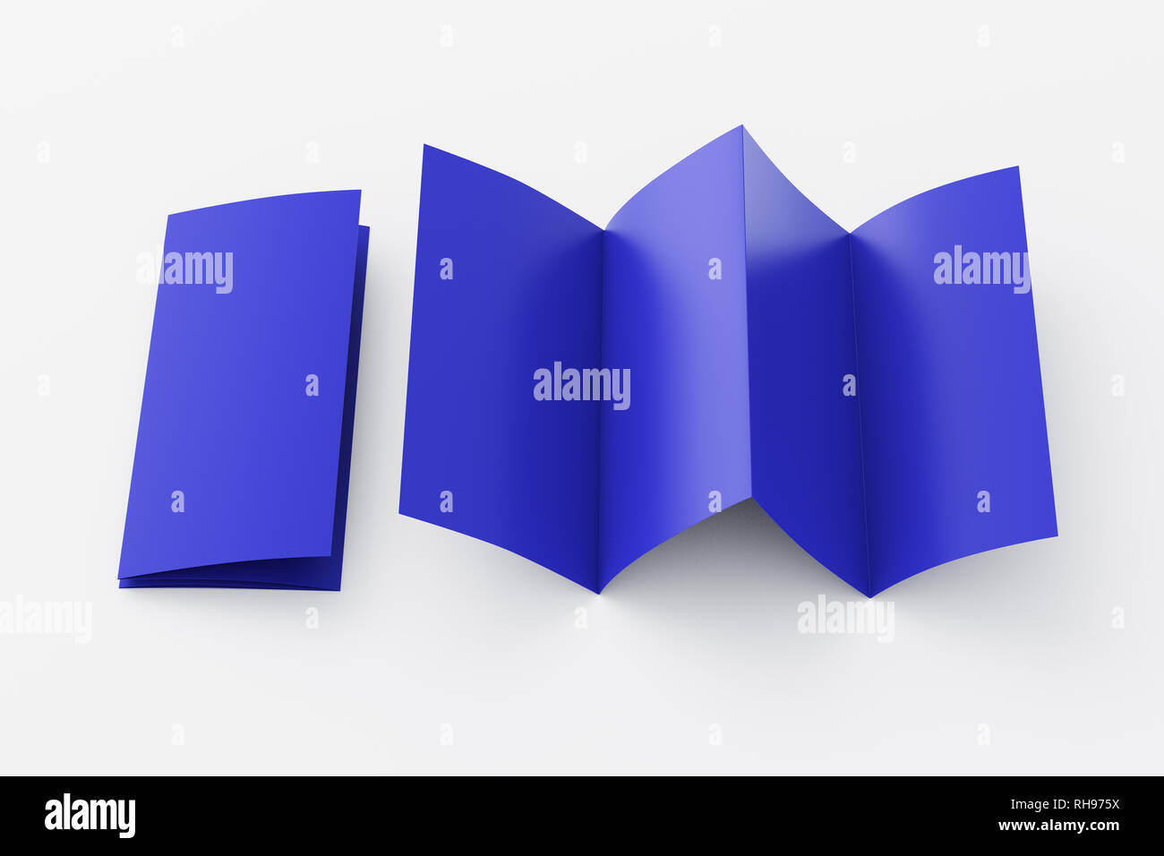 Blank blue folded paper leaflet on white background. Eight pages, four ...