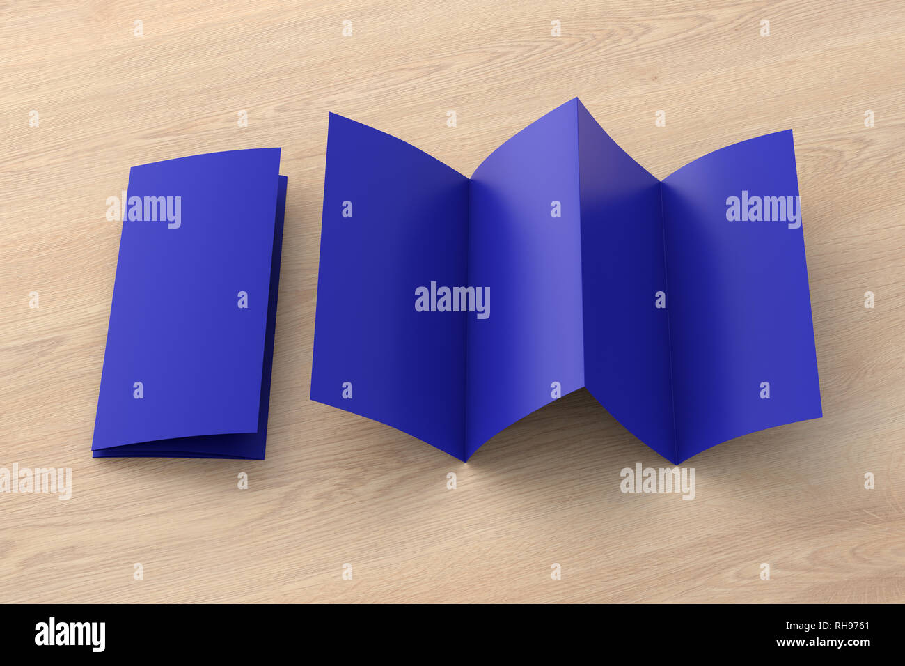 Blank blue folded paper leaflet on wooden background. Eight pages, four ...