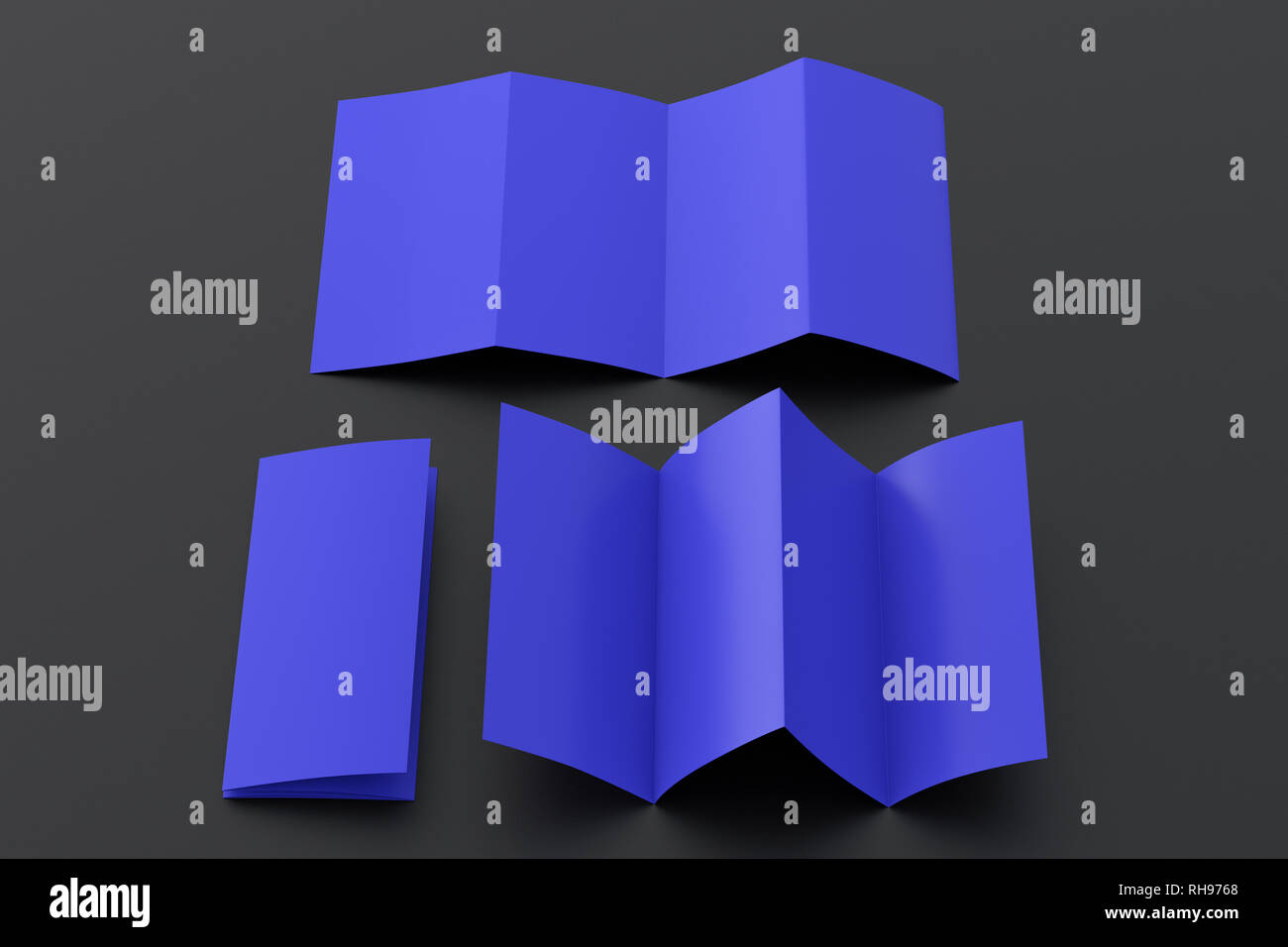 Blank blue folded paper leaflet on black background. Eight pages, four ...