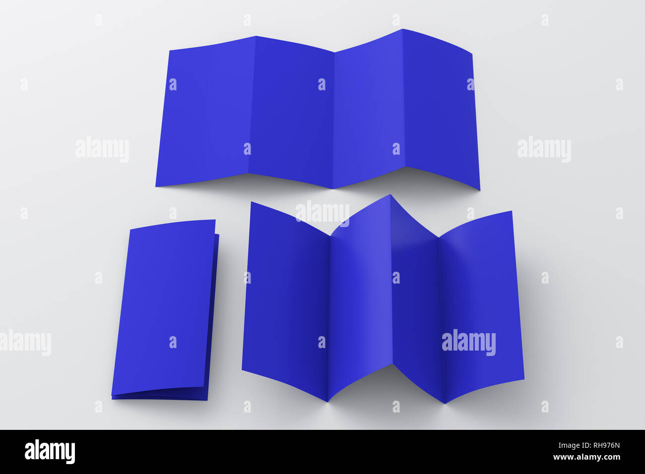 Blank blue folded paper leaflet on white background. Eight pages, four ...