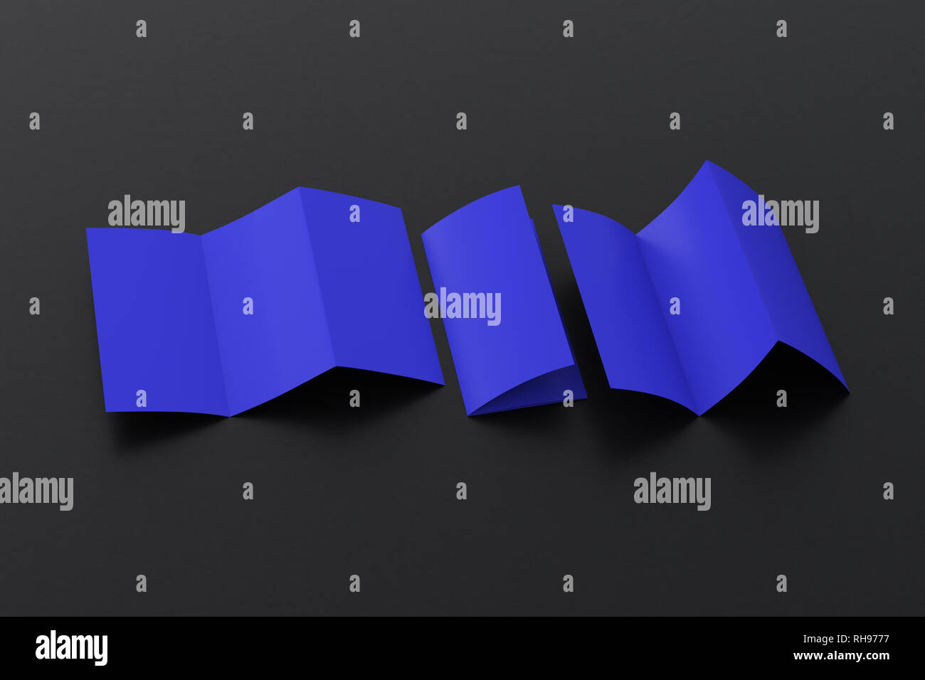 Blank blue trifold paper leaflet on black background. Six pages, three ...