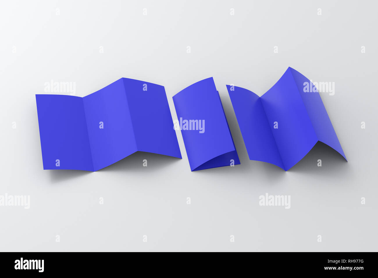 Blank blue trifold paper leaflet on white background. Six pages, three ...