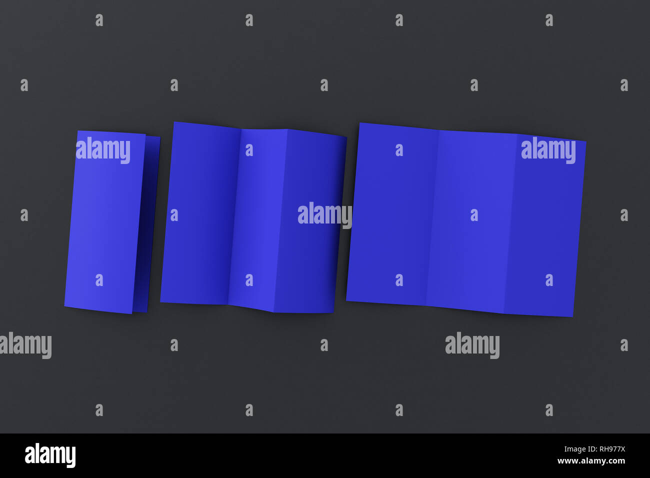 Blank blue trifold paper leaflet on black background. Six pages, three ...