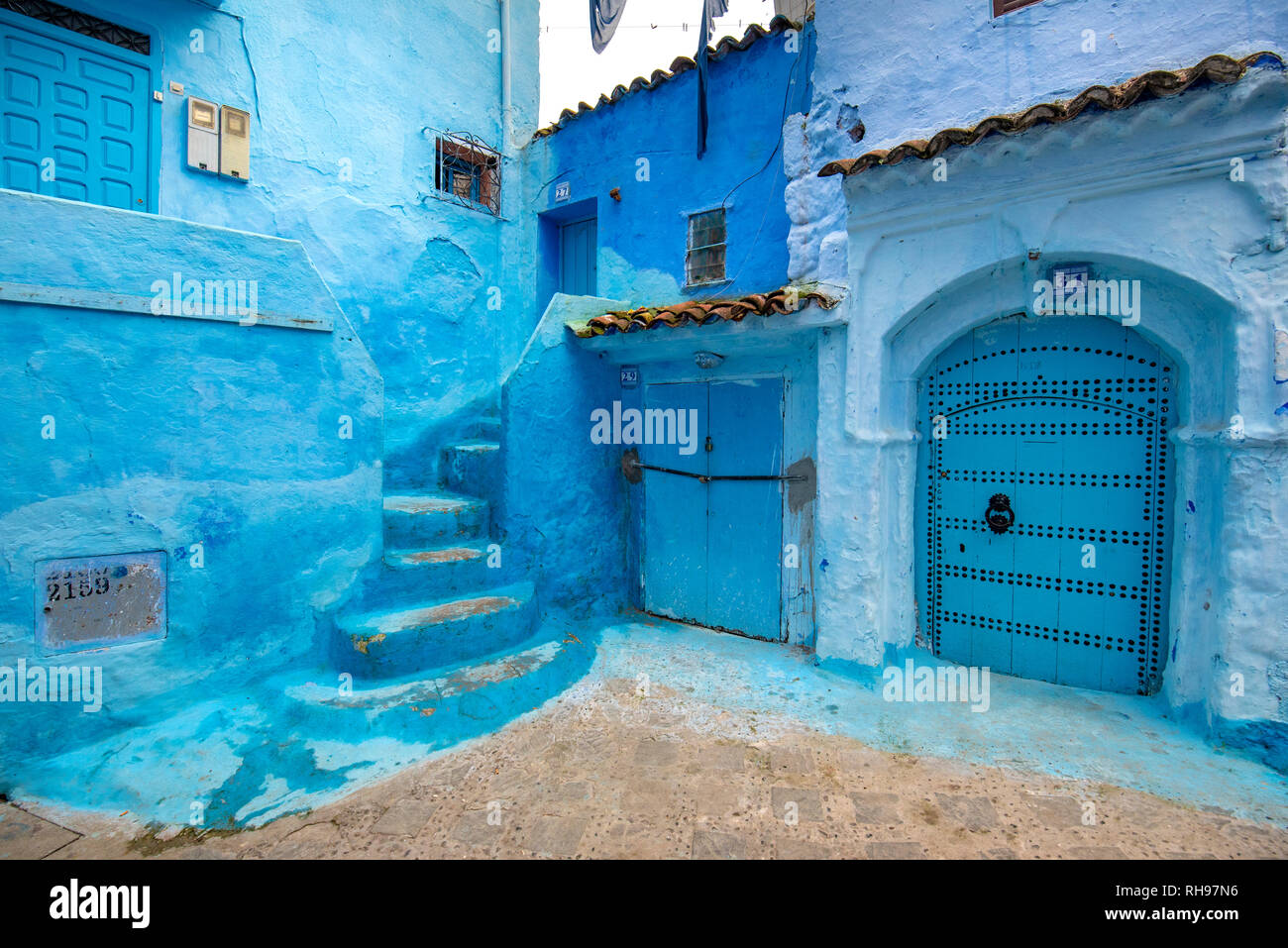 Beautiful view of the blue city in the medina. Traditional moroccan ...