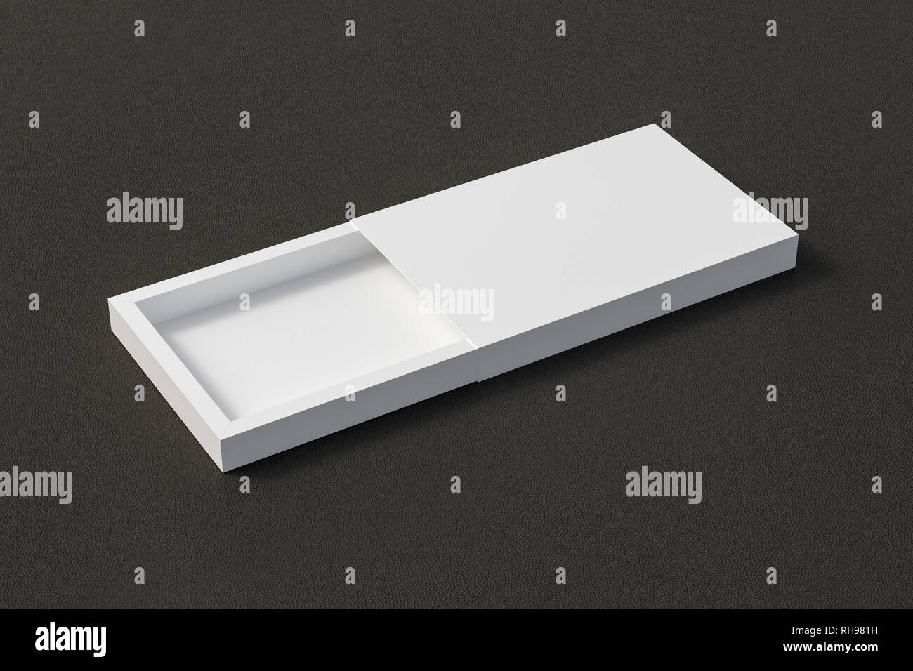 Blank opened white flat slide gift box on black leather background with ...