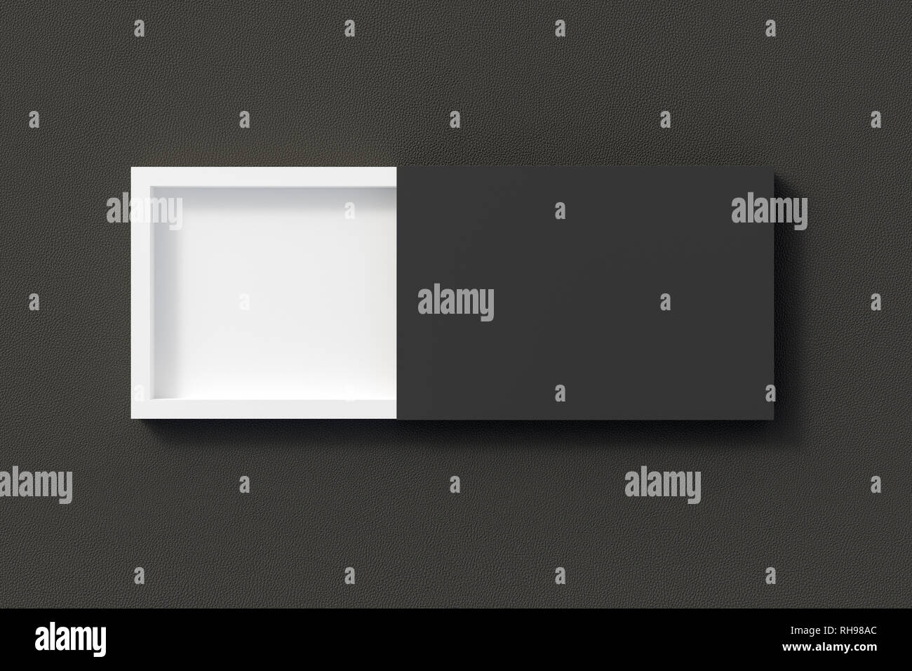 Blank opened black flat slide gift box on black leather background with ...