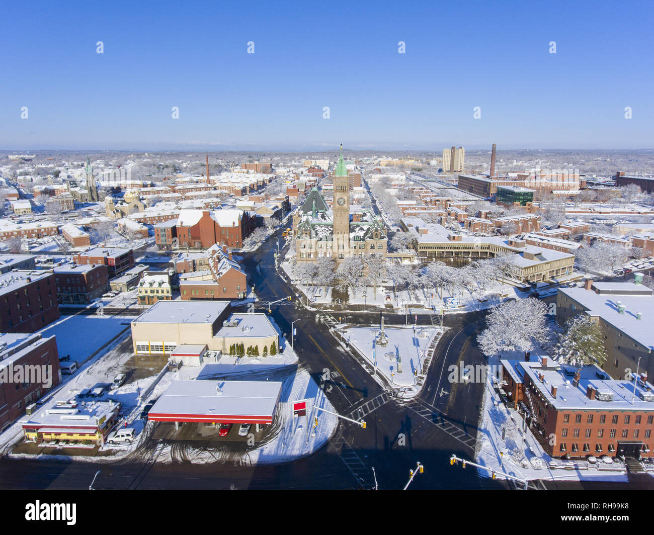 Lowell City Hall and downtown aerial view in downtown Lowell ...