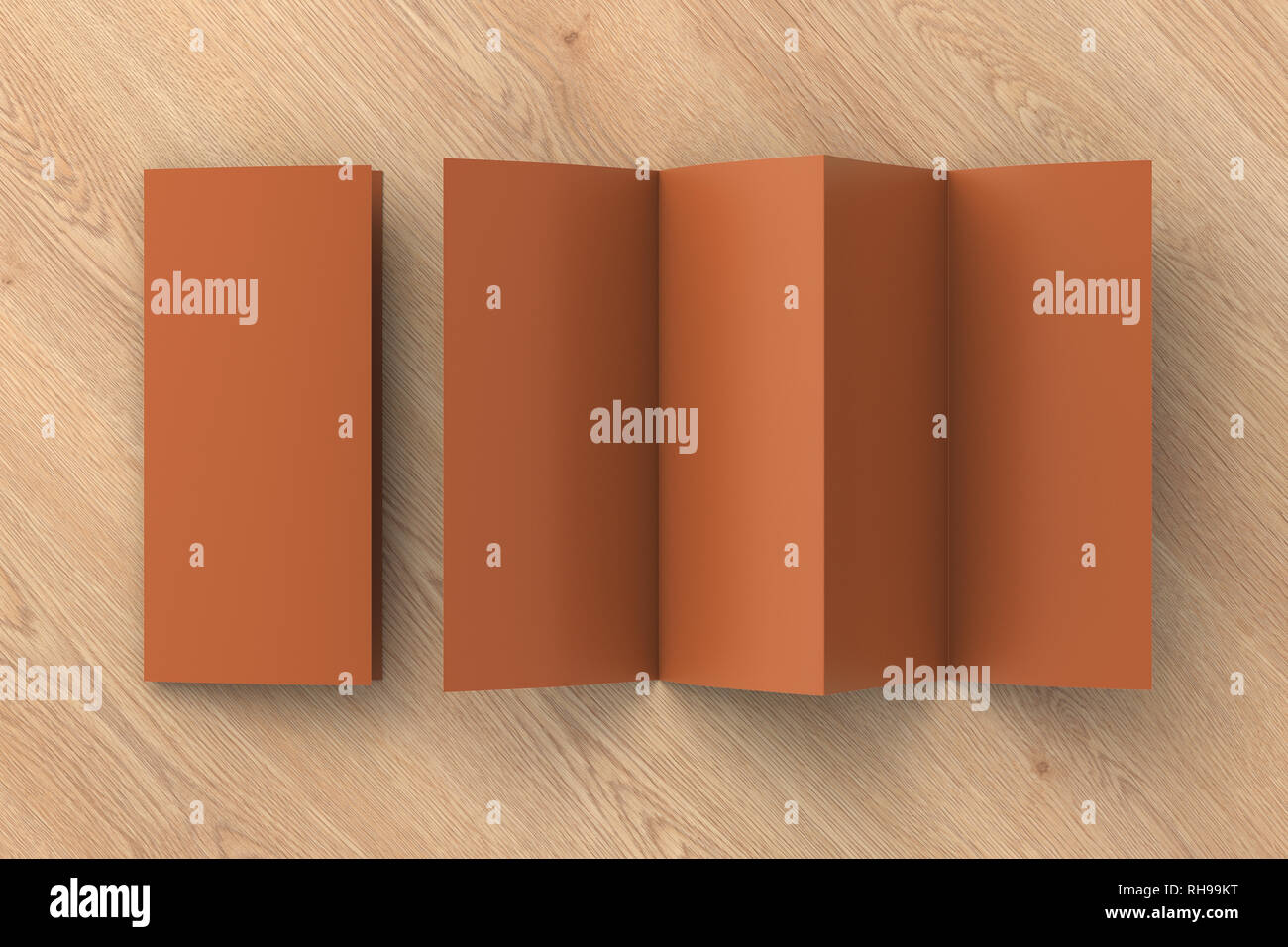 Blank brown folded paper leaflet on wooden background. Eight pages ...