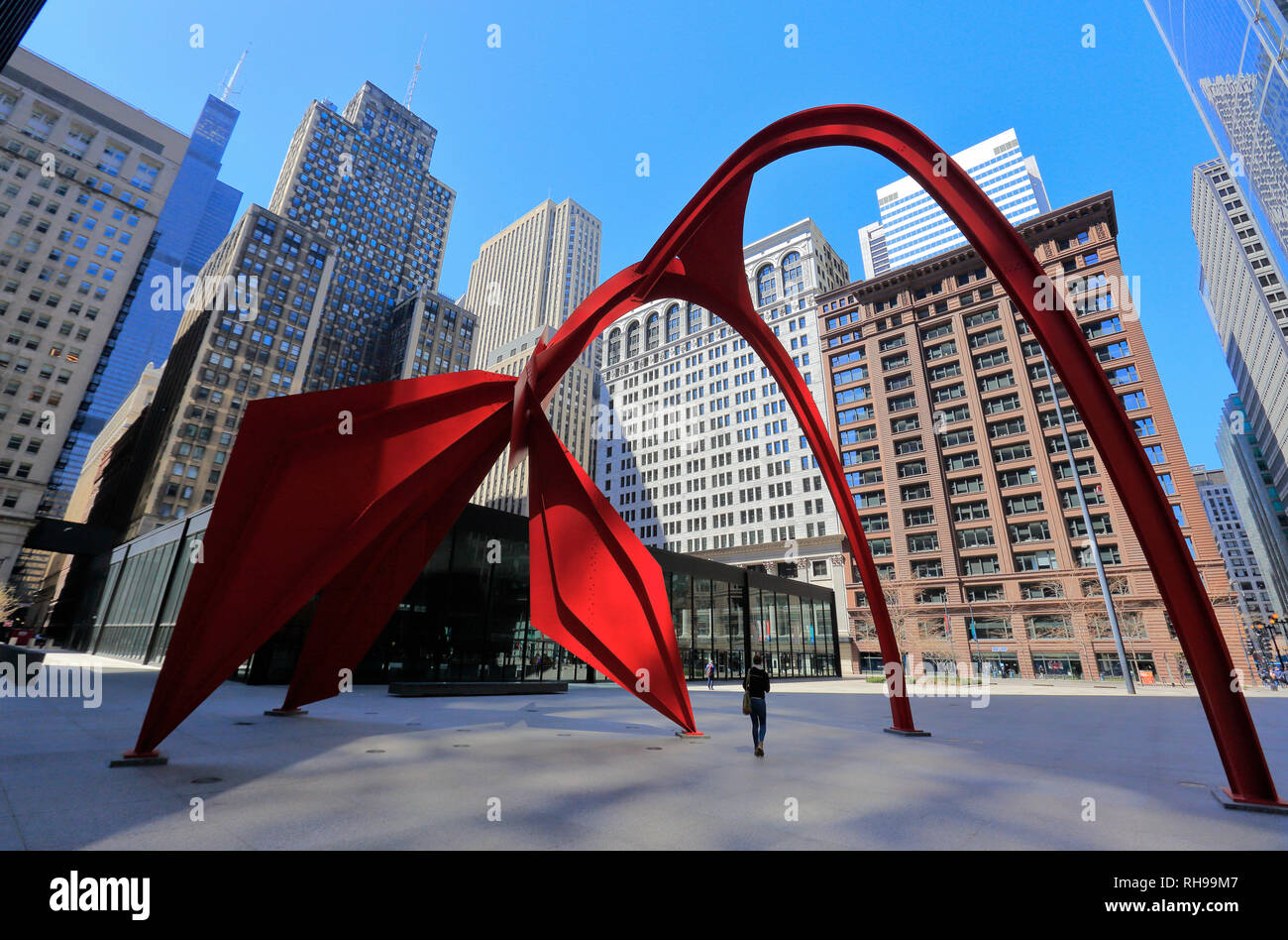 Red steel sculpture Flamingo (1974) byAlexander Calder in Federal ...