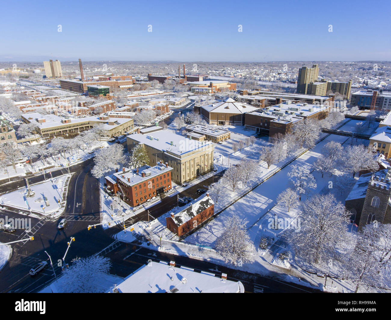 Lowell historic downtown aerial view in winter in Lowell, Massachusetts ...