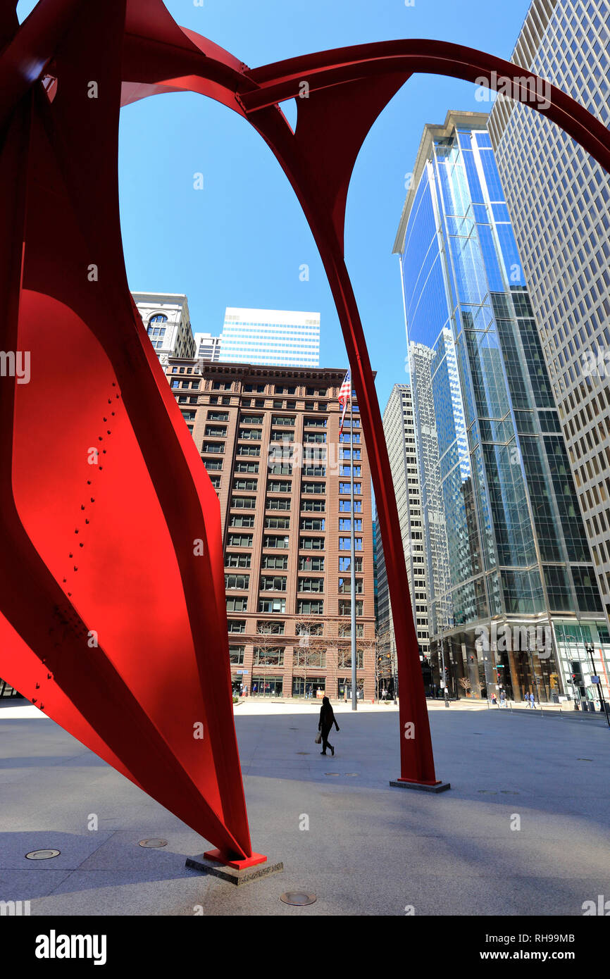 Red steel sculpture Flamingo (1974) byAlexander Calder in Federal ...