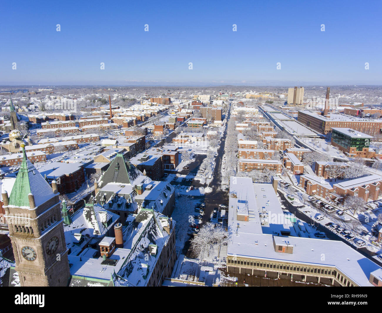 Lowell historic downtown aerial view in winter in Lowell, Massachusetts ...