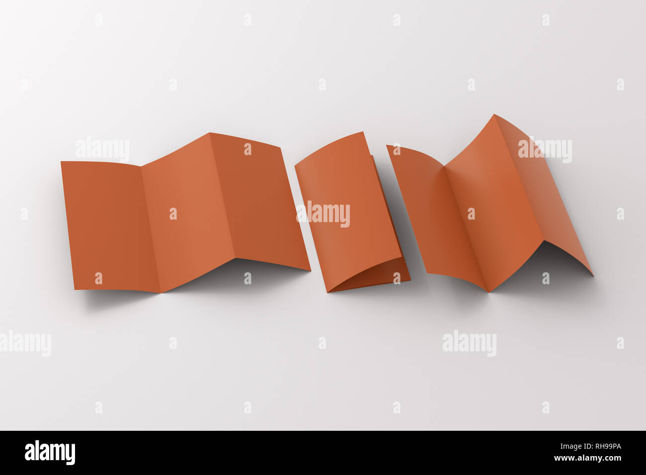 Blank brown trifold paper leaflet on white background. Six pages, three ...