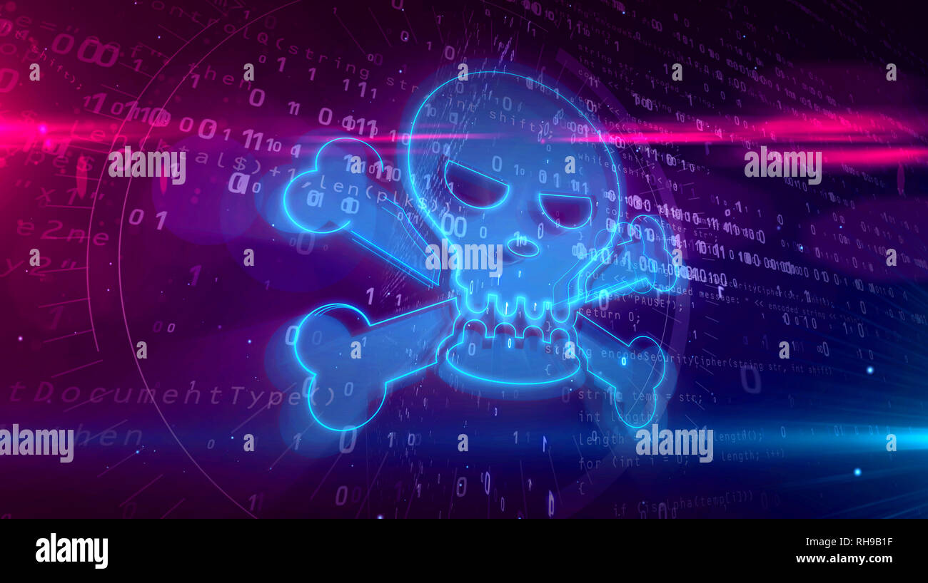 Cyber crime abstract concept. 3D shape and contour of skull icon on ...