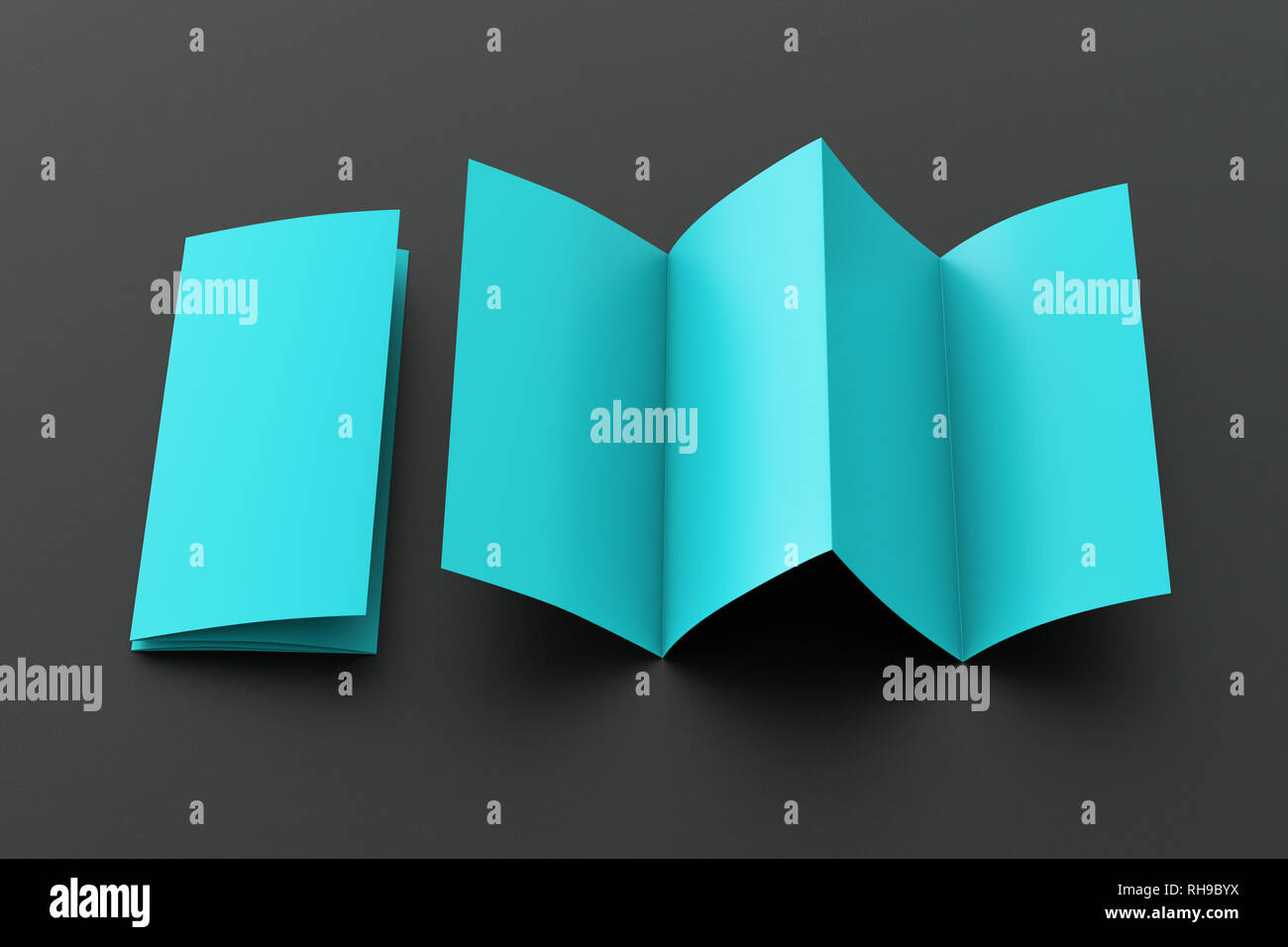 Blank cyan folded paper leaflet on black background. Eight pages, four ...
