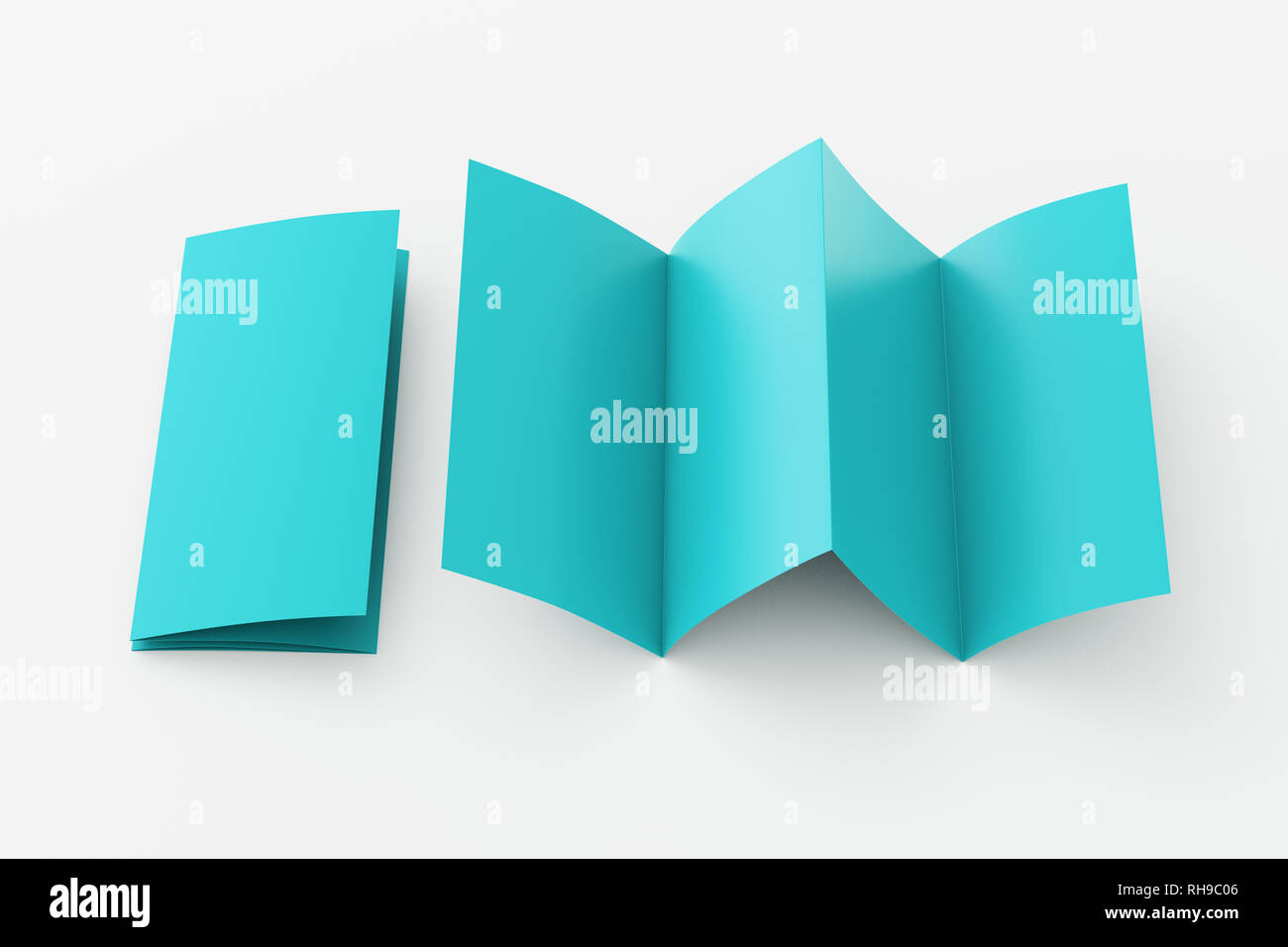 Blank cyan folded paper leaflet on white background. Eight pages, four ...