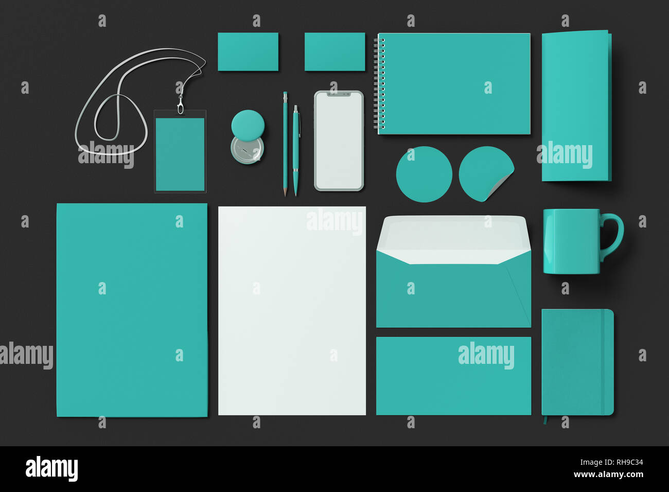 Corporate identity. Cyan stationary branding set mock up on black ...