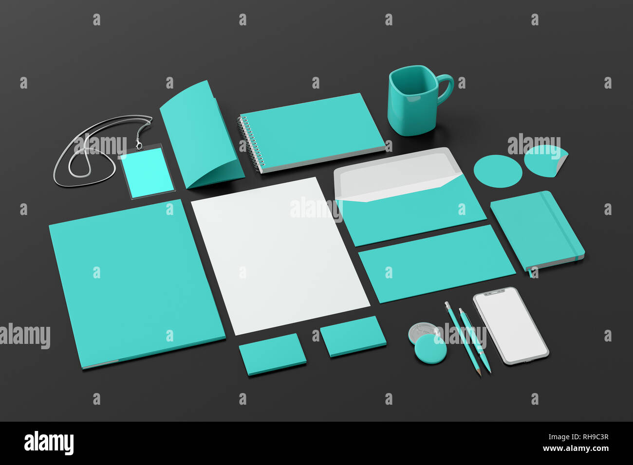 Corporate identity. Cyan stationary branding set mock up on black ...