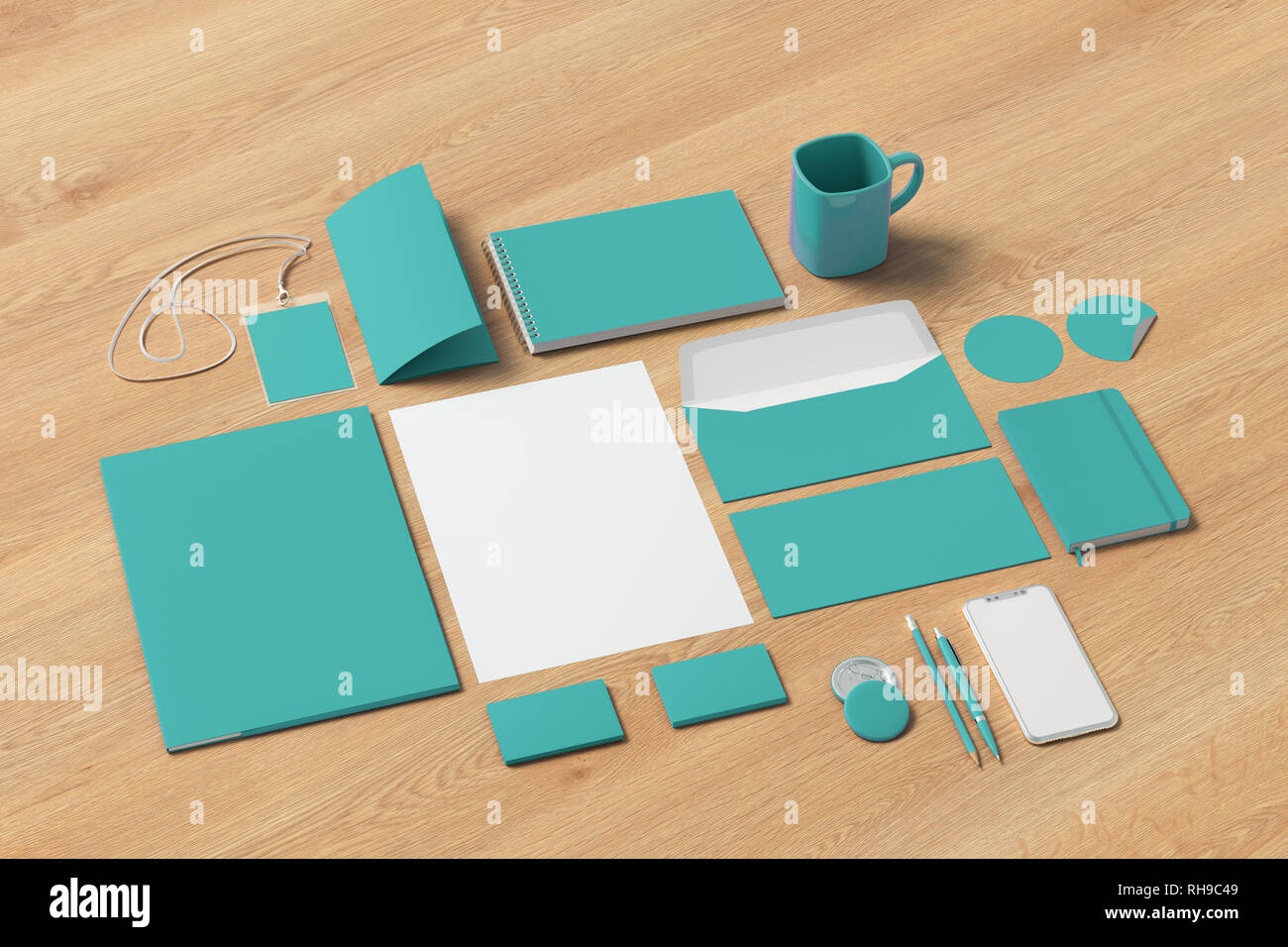 Corporate identity. Cyan stationary branding set mock up on wooden ...
