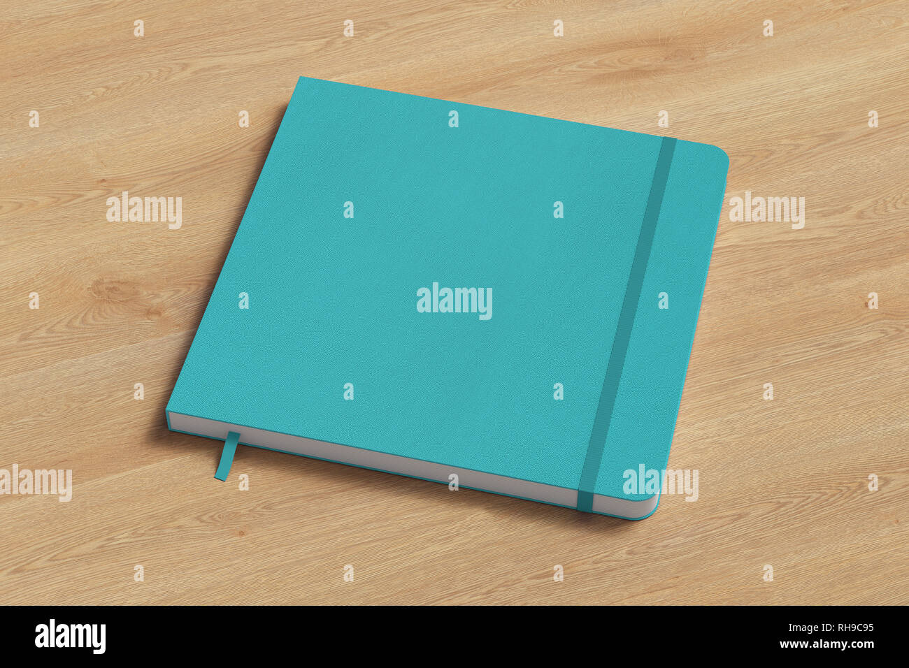 Cyan square notebook with elastic band on wooden background Stock Photo ...