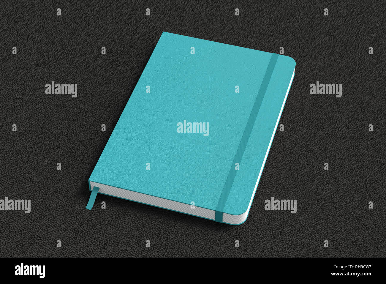 Cyan vertical notebook with elastic band on black background. 3d ...