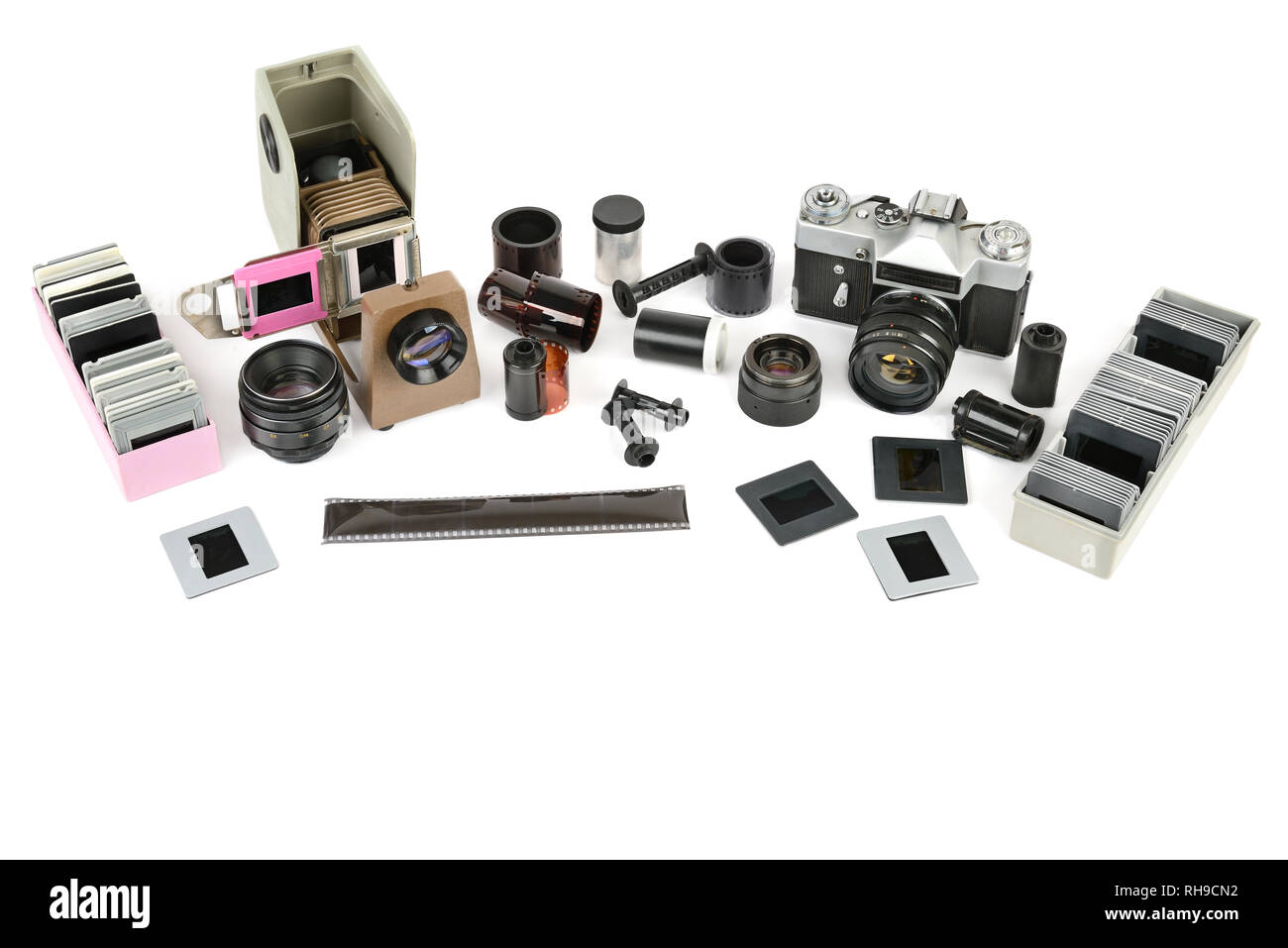 Accessories old film camera and slide projector isolated on white ...