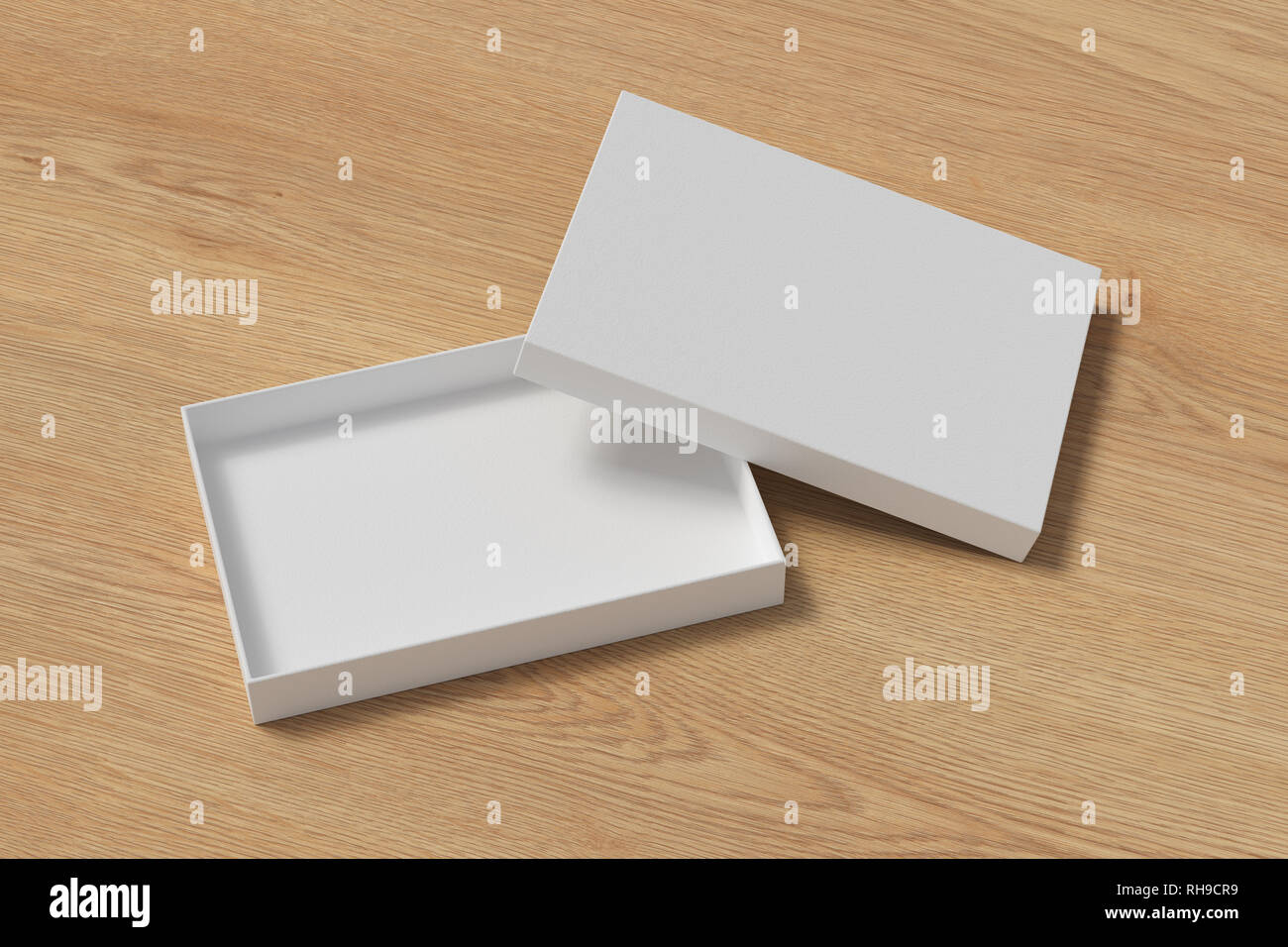 Blank open white flat gift box mock up on wooden background. With ...