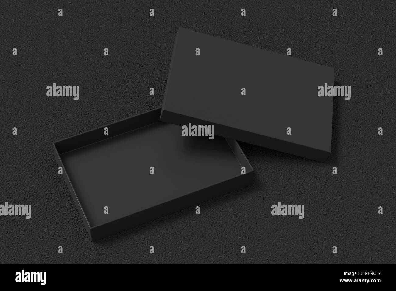 Blank open black flat gift box mock up on black background. With ...