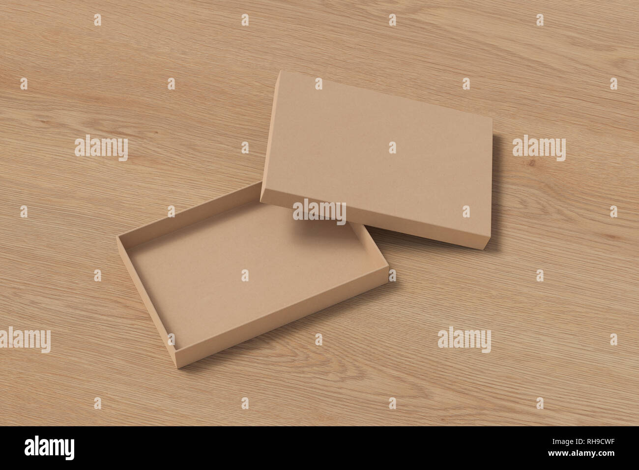 Blank open carton flat gift box mock up on wooden background. With ...