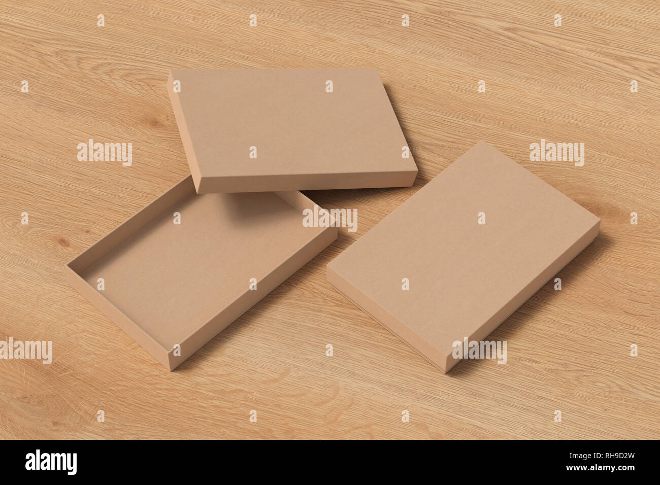 Blank open and closed carton flat gift box mock up on wooden background ...