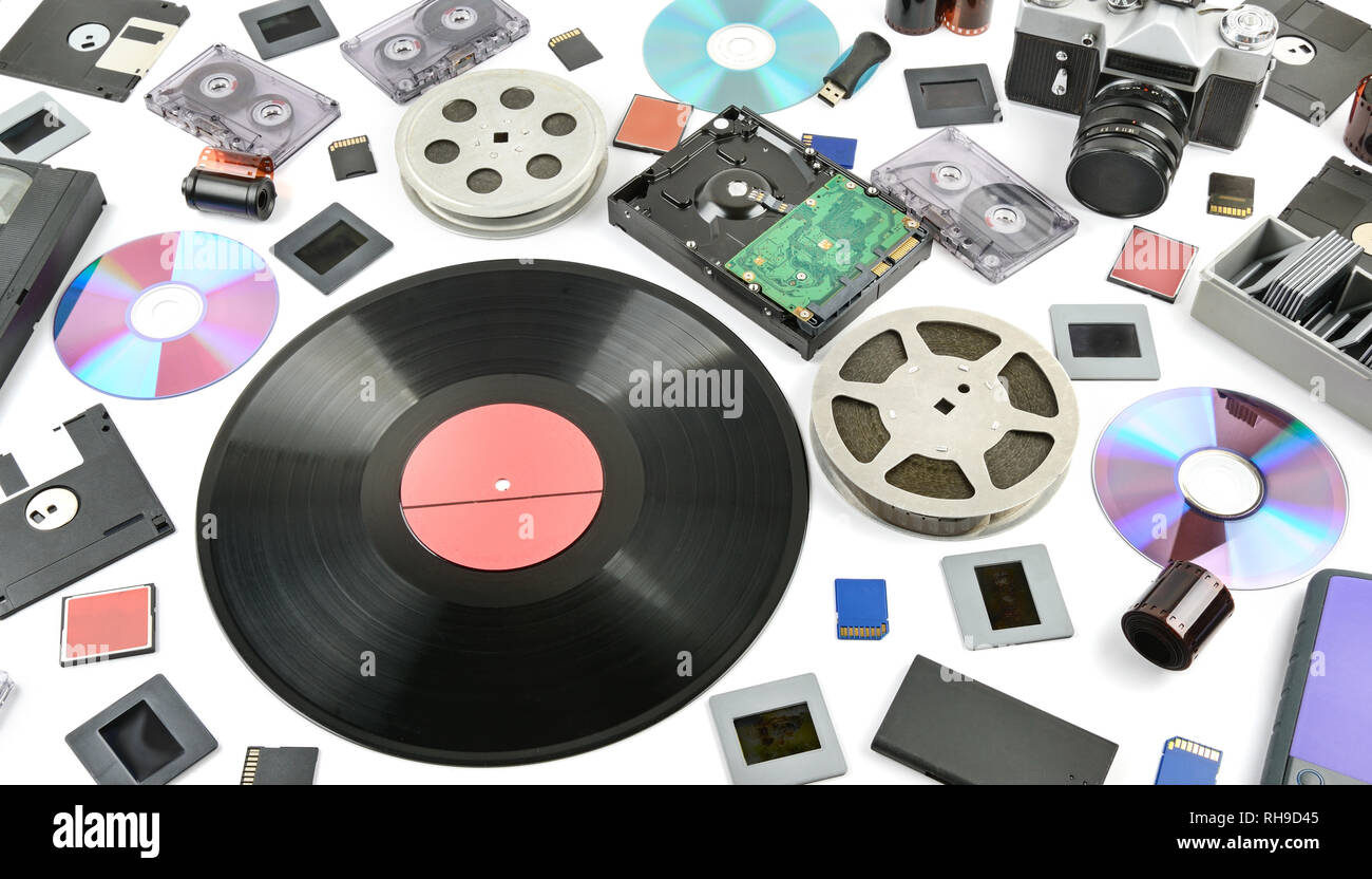 New and old storage medium on white background. Top view Stock Photo ...